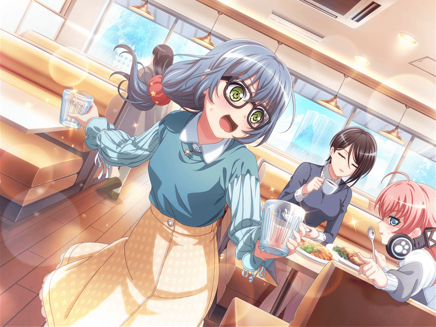 Safebooru - asahi rokka bang dream! blue hair blush dress glasses green eyes long hair official ...