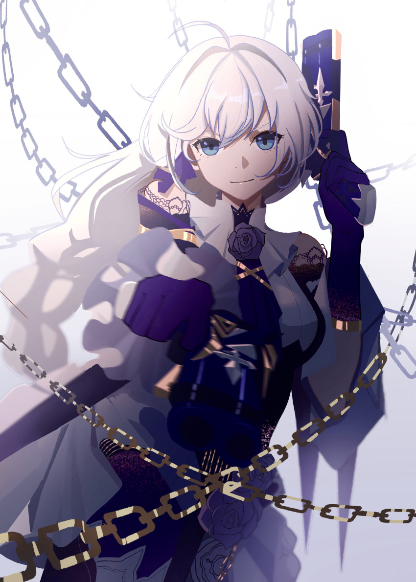 Safebooru - 1girl absurdres aiming at viewer antenna hair bangs bare shoulders blue eyes braid ...