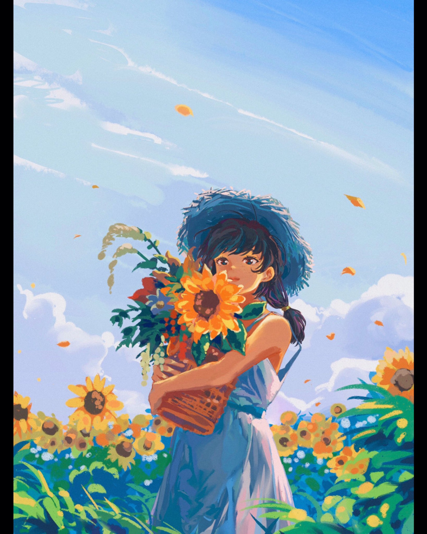 Safebooru - 1girl bangs black hair blue sky clouds cloudy sky dress ...