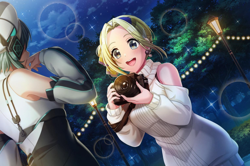 Safebooru - 2girls blonde hair blue eyes blush camera d4dj dress hanamaki towa long hair ...