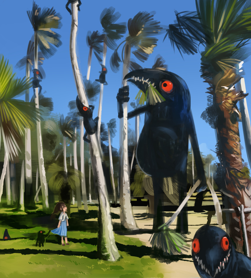 Safebooru - 1girl blue skirt blue sky brown hair colored sclera ...