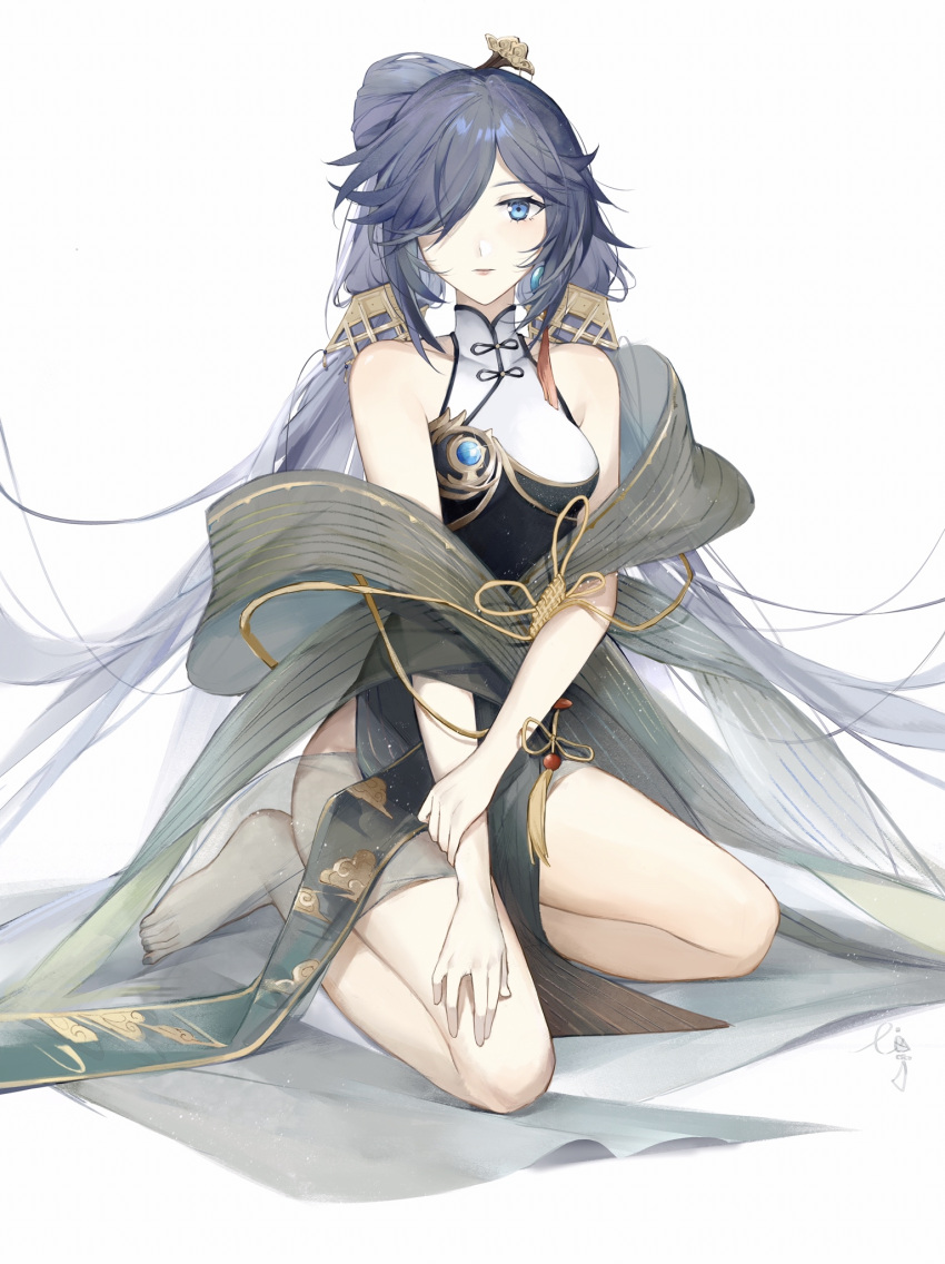 Safebooru - 1girl bare shoulders barefoot black hair blue eyes china dress chinese clothes ...