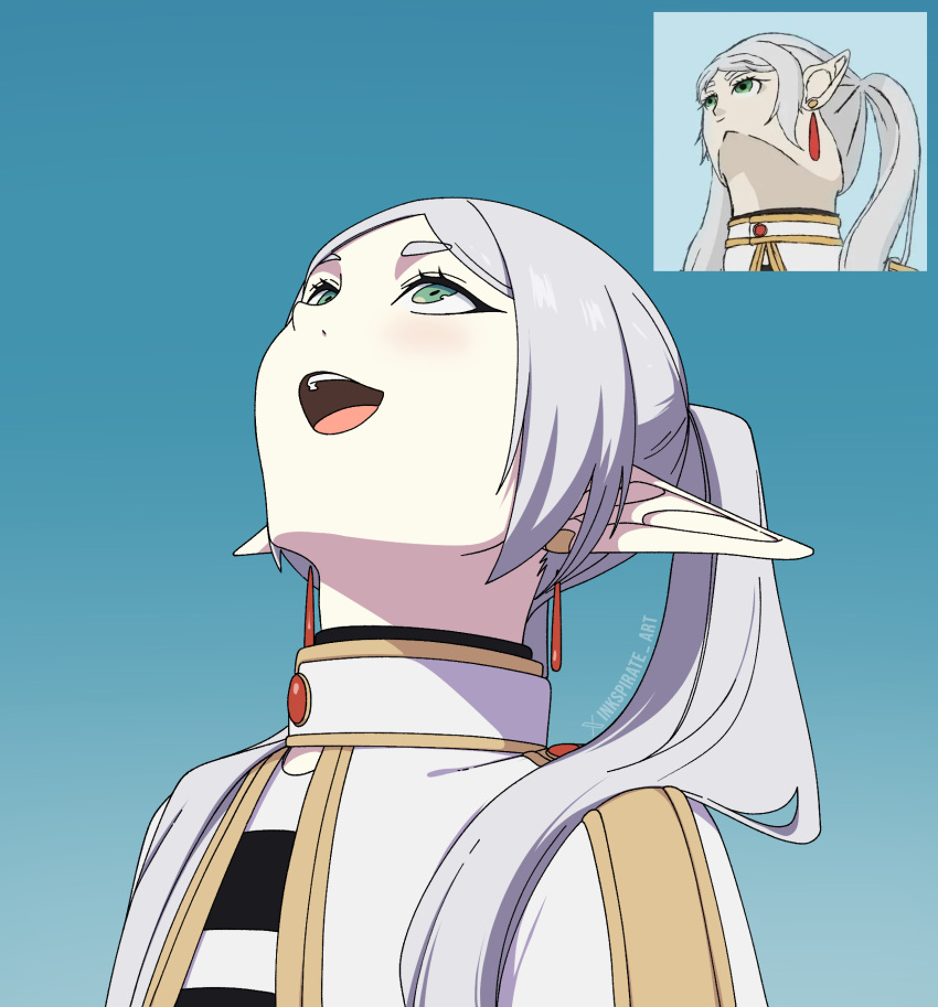 Safebooru - 1girl :d artist name blue sky capelet commentary earrings ...