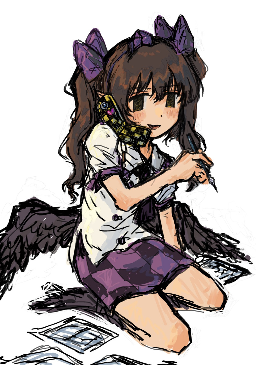 Safebooru - bow brown hair cellphone checkered clothes checkered skirt ...