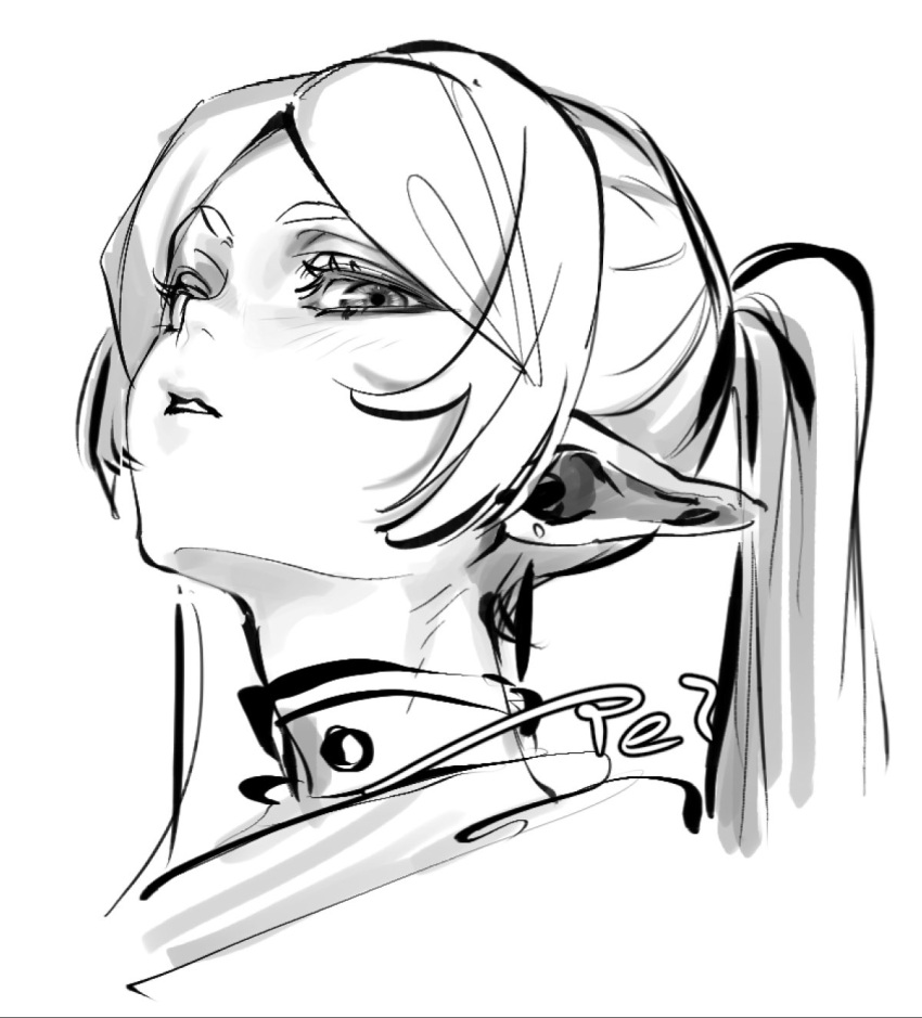 Safebooru - 1girl earrings elf frieren greyscale head tilt highres ...