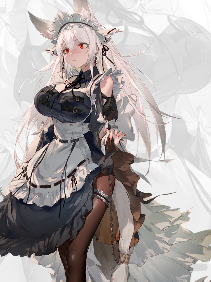 Safebooru - 1girl animal ear fluff animal ears apron bangs black dress breasts brown legwear ...