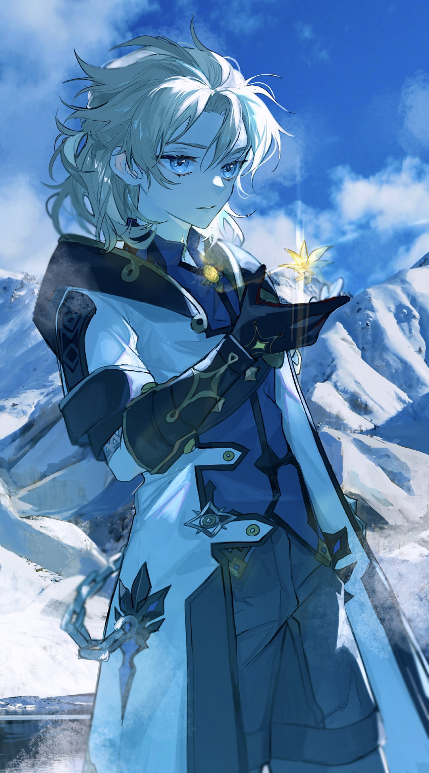 Safebooru - 1boy absurdres albedo (genshin impact) aqua eyes bangs blue shirt clouds coat ...