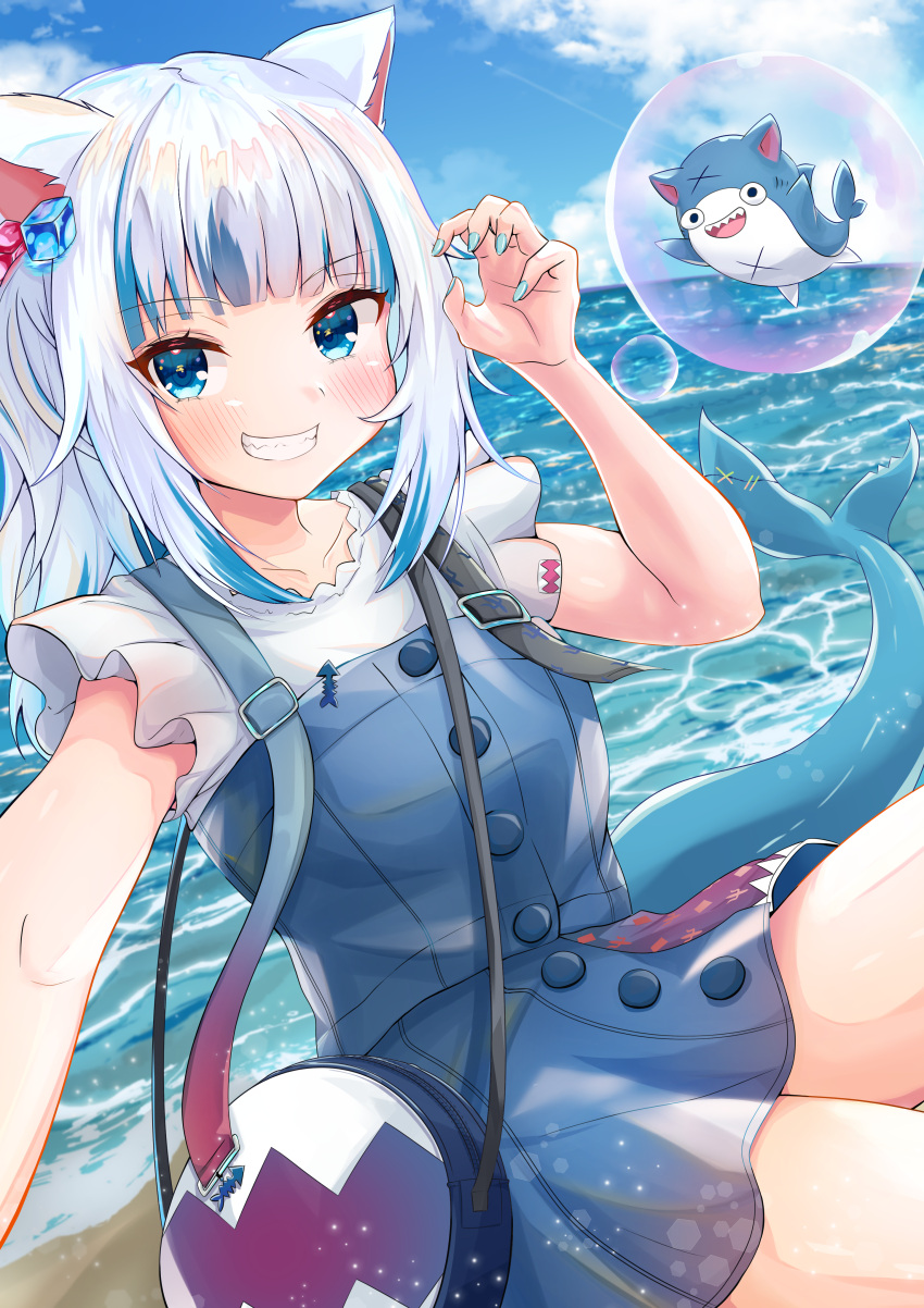 Safebooru - 1girl absurdres animal ears bag bangs beach bloop (gawr gura) blue eyes blue hair ...