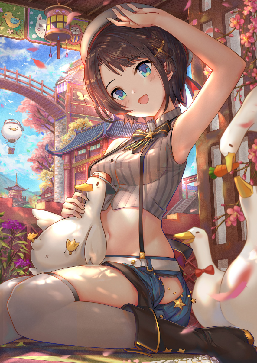 Safebooru - 1girl :d absurdres architecture arm up armpits bare arms bare shoulders beret bird ...