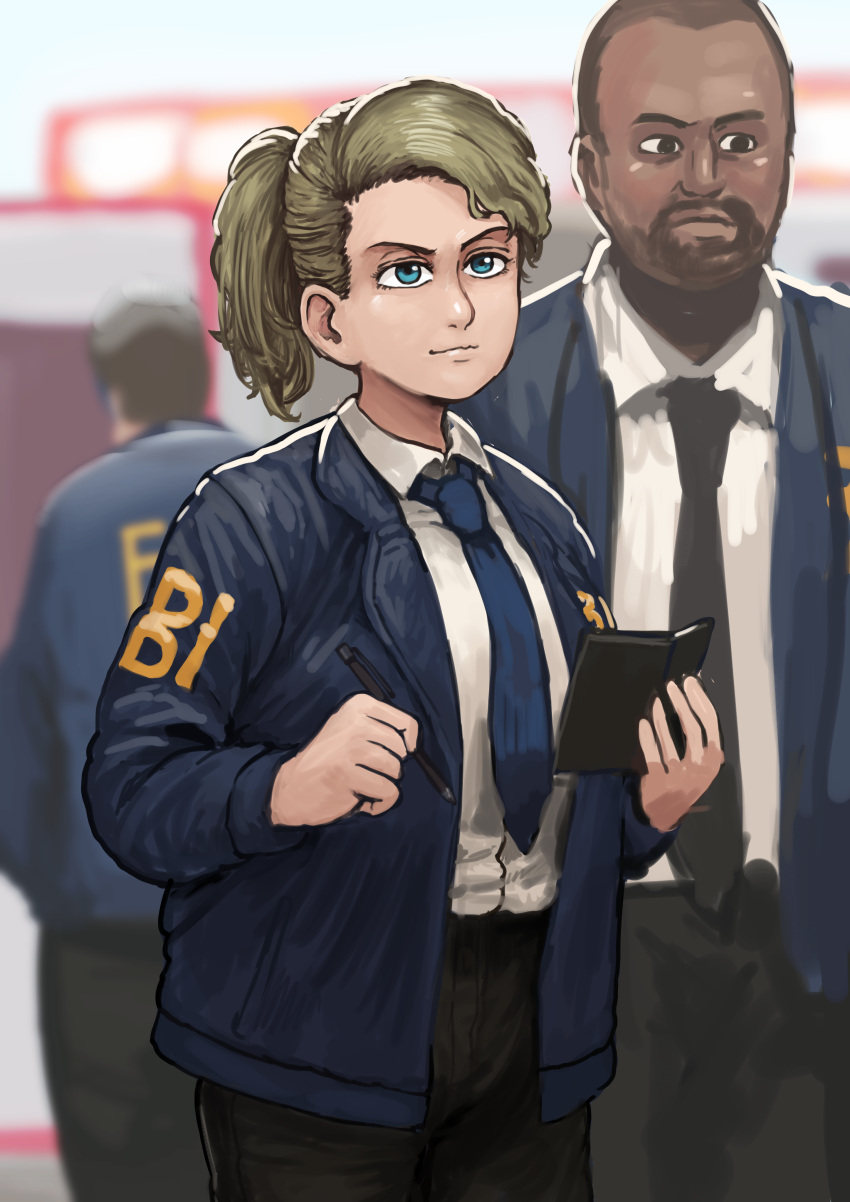 Safebooru - 1boy 1girl absurdres black jacket black neckwear black pants blue eyes blue neckwear ...