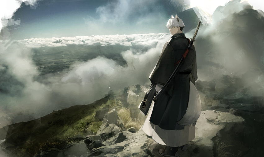 Safebooru - 1boy absurdres animal ears black coat black hair blue sky ...