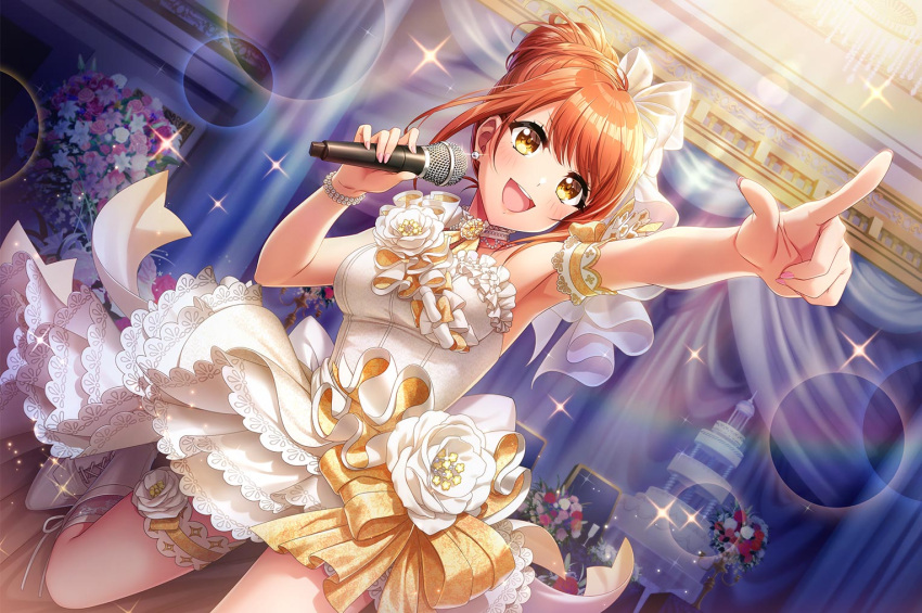 Safebooru - 1girl armpits blush brown eyes d4dj dress long hair seto rika smile solo wedding ...