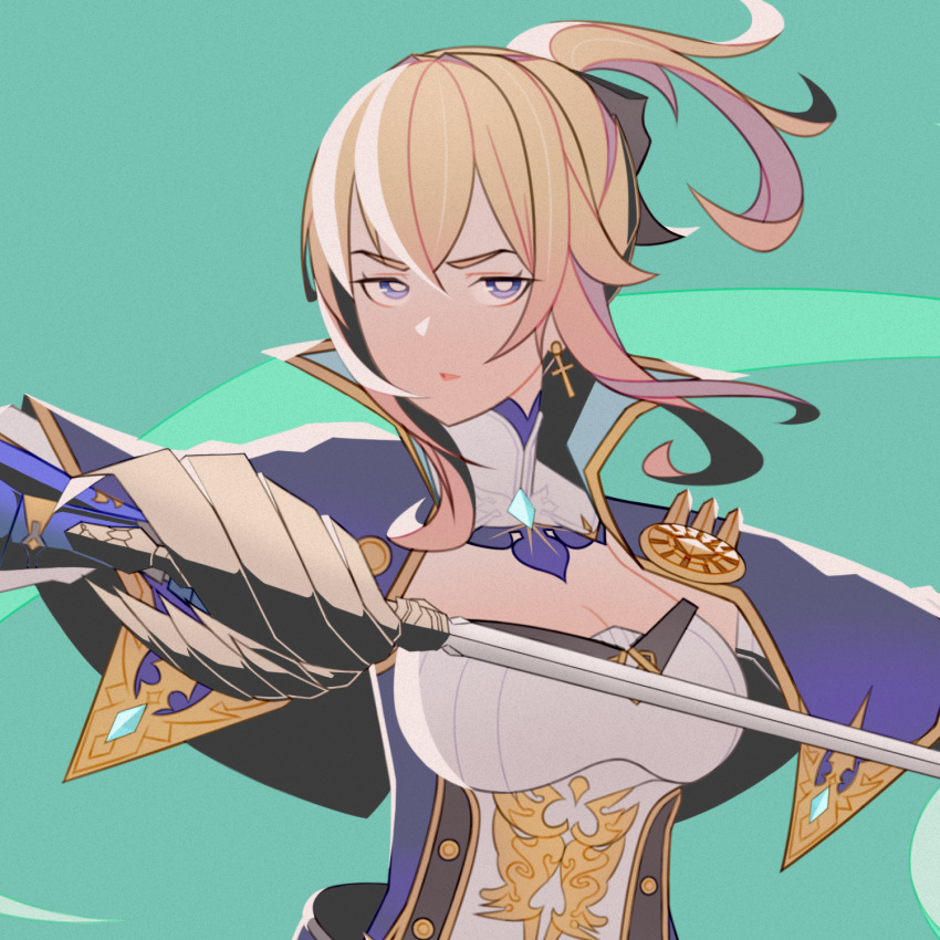 Safebooru - 1girl bangs belt blonde hair blue eyes capelet earrings gauntlets genshin impact ...