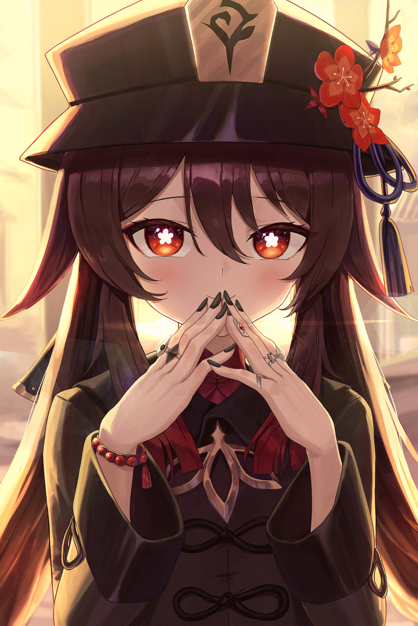 Safebooru - 1girl absurdres backlighting bead bracelet beads black headwear black nails black ...