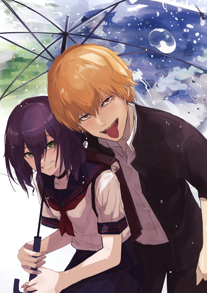 Safebooru - 1boy 1girl absurdres black choker black jacket black pants blonde hair blue skirt ...