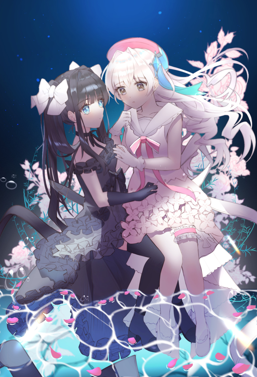 Safebooru - 2girls air bubble arcaea beret black dress black footwear black gloves black hair ...