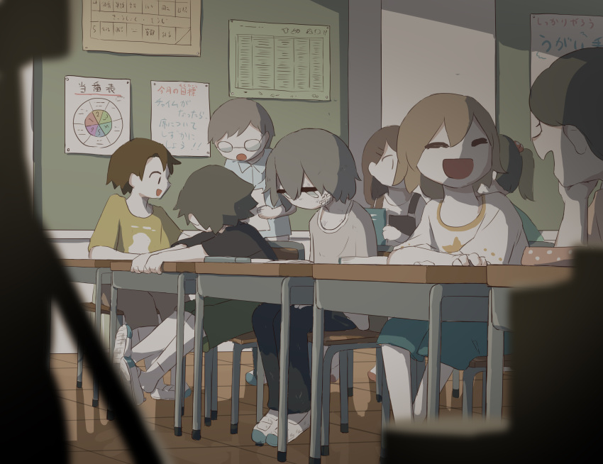 Safebooru - 3girls 5boys :d absurdres avogado6 bandaid bandaid on cheek ...