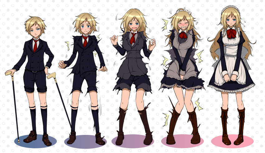 Safebooru - 1boy 1girl age progression apron black dress black socks blonde hair boots bow ...