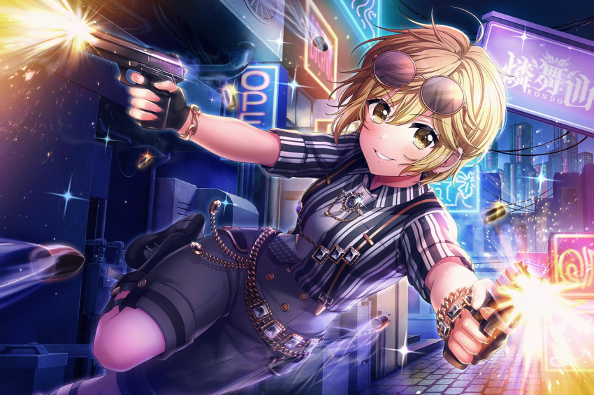 Safebooru - blonde hair d4dj dress guns short hair smile tsukimiyama nagisa yellow eyes | 3555229