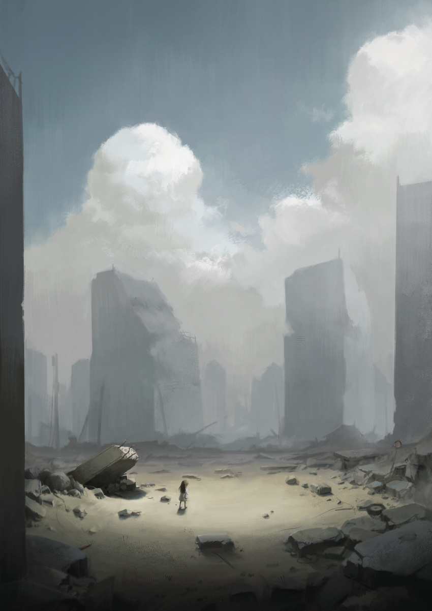 Safebooru - 1girl absurdres brown hair building child clouds commentary ...