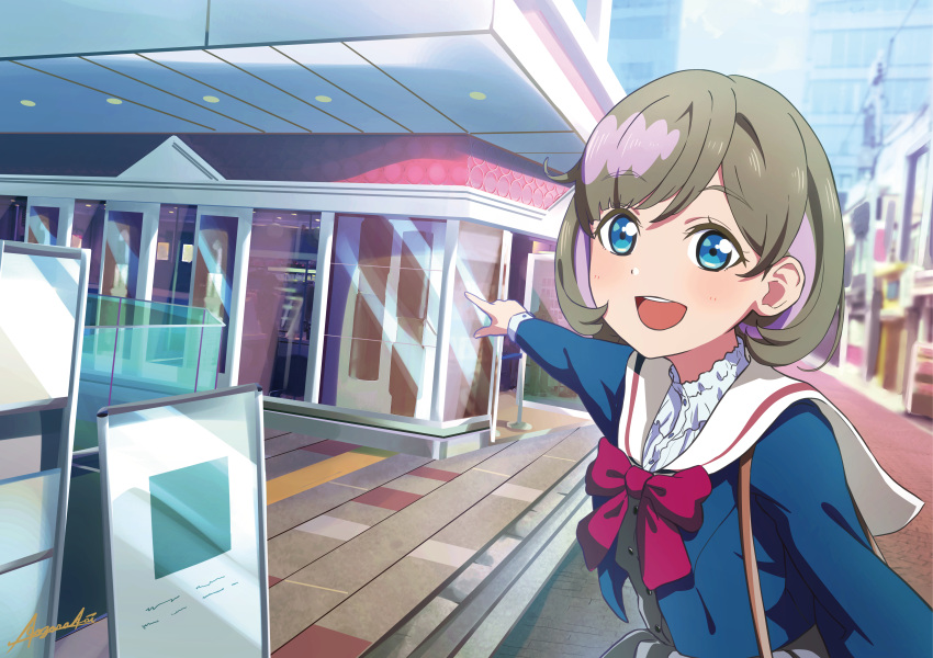 Safebooru - 1girl absurdres al aoi aoba bangs blue eyes blue jacket bow dress grey hair highres ...