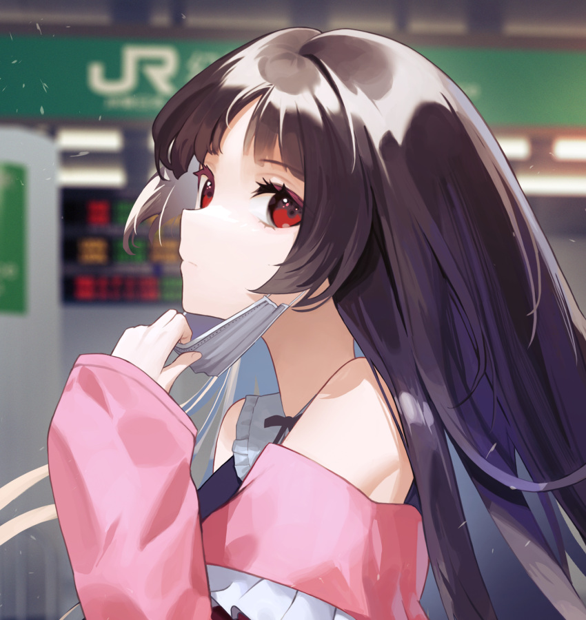 Safebooru - 1girl bangs bare shoulders black hair blurry blurry background closed mouth day from ...