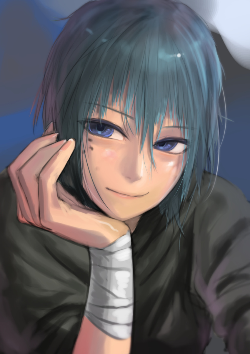 Safebooru - 1girl bandaged arm bandages black shirt blue background blue eyes blue hair closed ...
