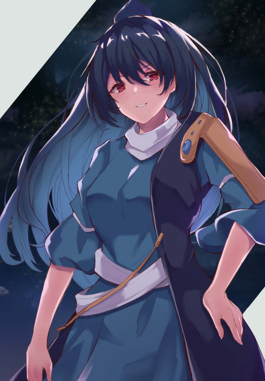 Safebooru - 1girl absurdres armor bangs blue dress blue hair blue headwear cowboy shot dress ...