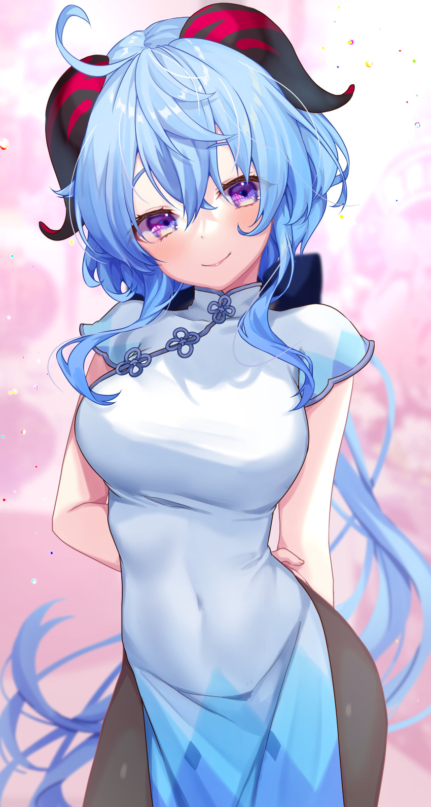 Safebooru - absurdres ahoge alternate costume arms behind back bangs black legwear blue dress ...