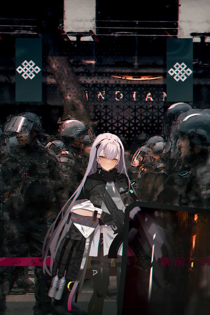 Safebooru - 1girl 6+boys absurdres ak-alfa ak-alfa (girls frontline) bangs banner black gloves ...