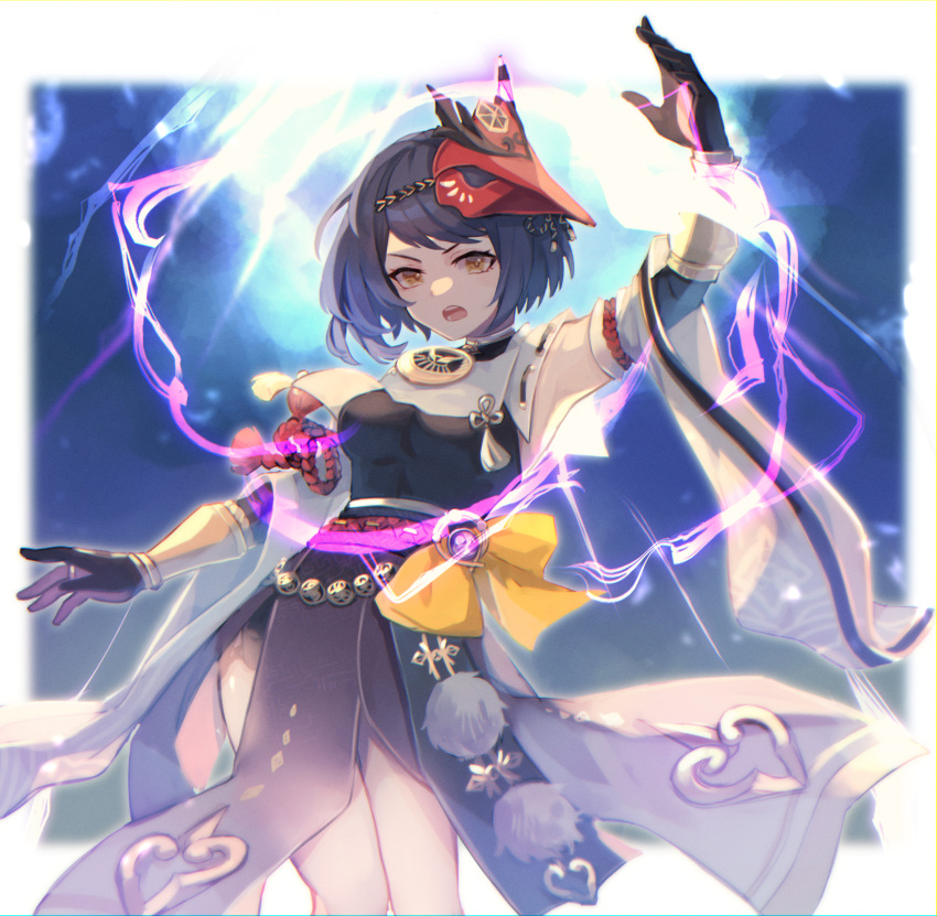 Safebooru - 1girl :o absurdres arm up armpits bangs black gloves black hair commentary request ...