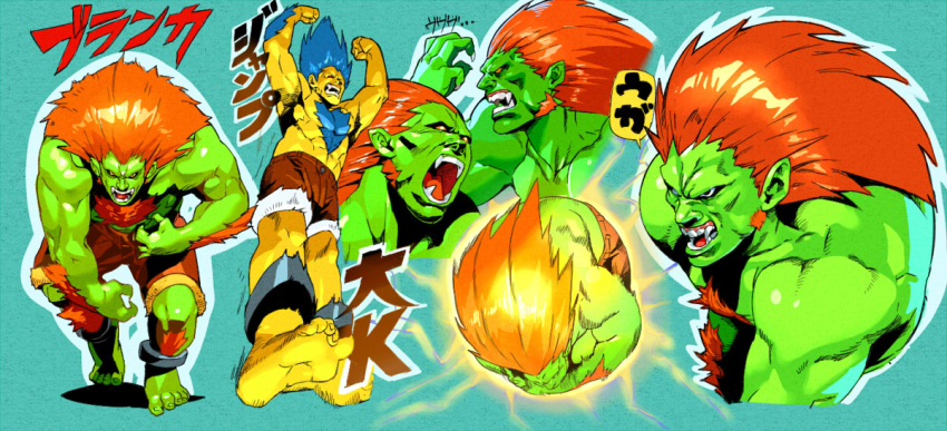 Safebooru - blanka blue hair fang green skin kicking male muscle orange ...