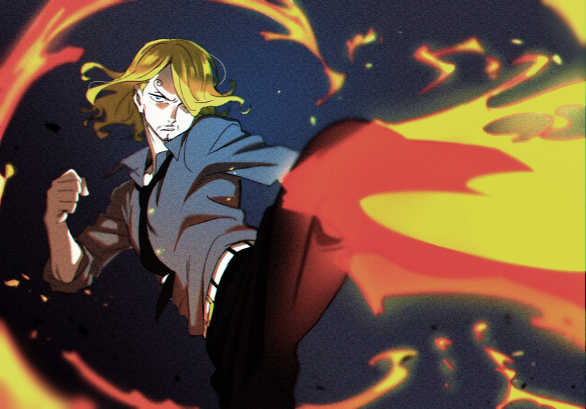 Safebooru - 1boy alternate hairstyle black pants blonde hair blue shirt ...