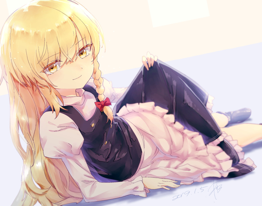 Safebooru - 1girl apron bangs black dress black footwear blonde hair boots bow braid buttons ...