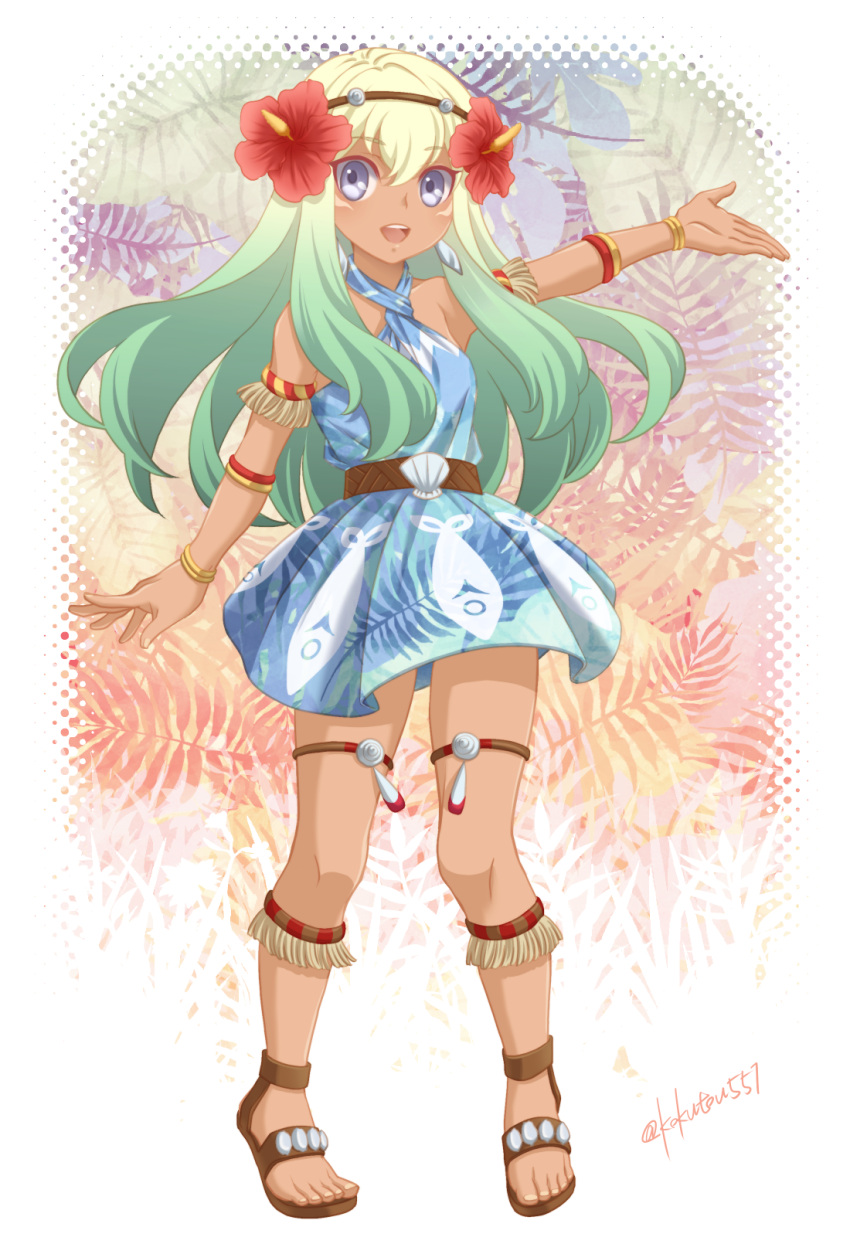 Safebooru - blue eyes blue hair dark skin dress flower full body green ...
