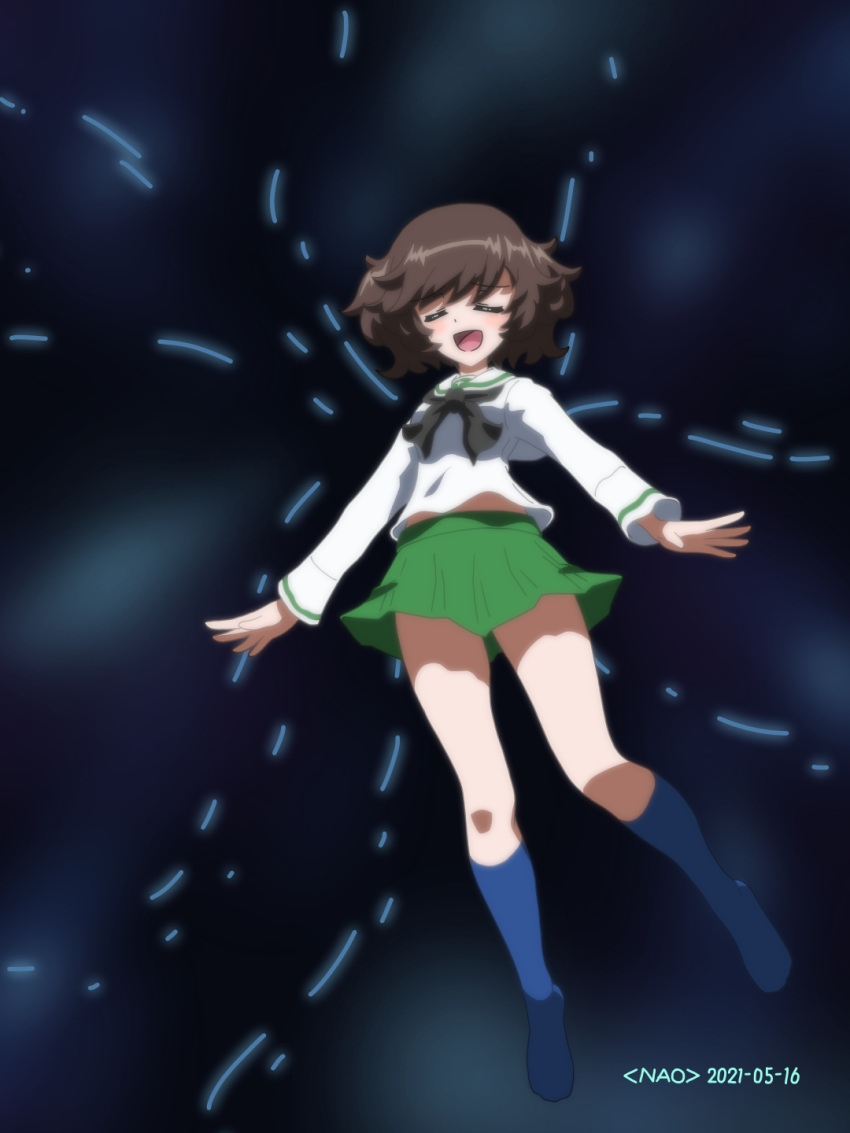 Safebooru - 1girl akiyama yukari artist name bangs black neckwear blouse blue footwear blue ...