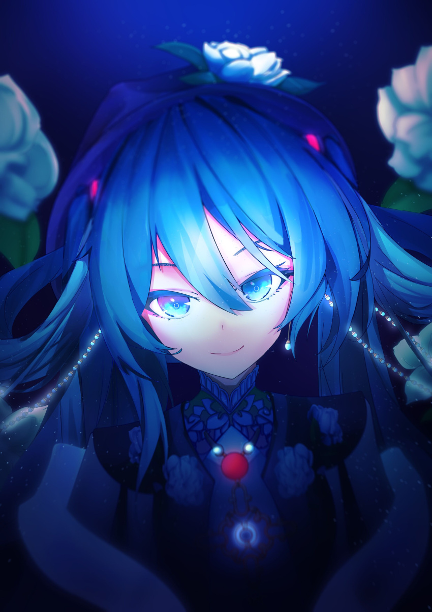 Safebooru - 1girl 834588648 absurdres bangs black dress blue background blue eyes blue hair ...