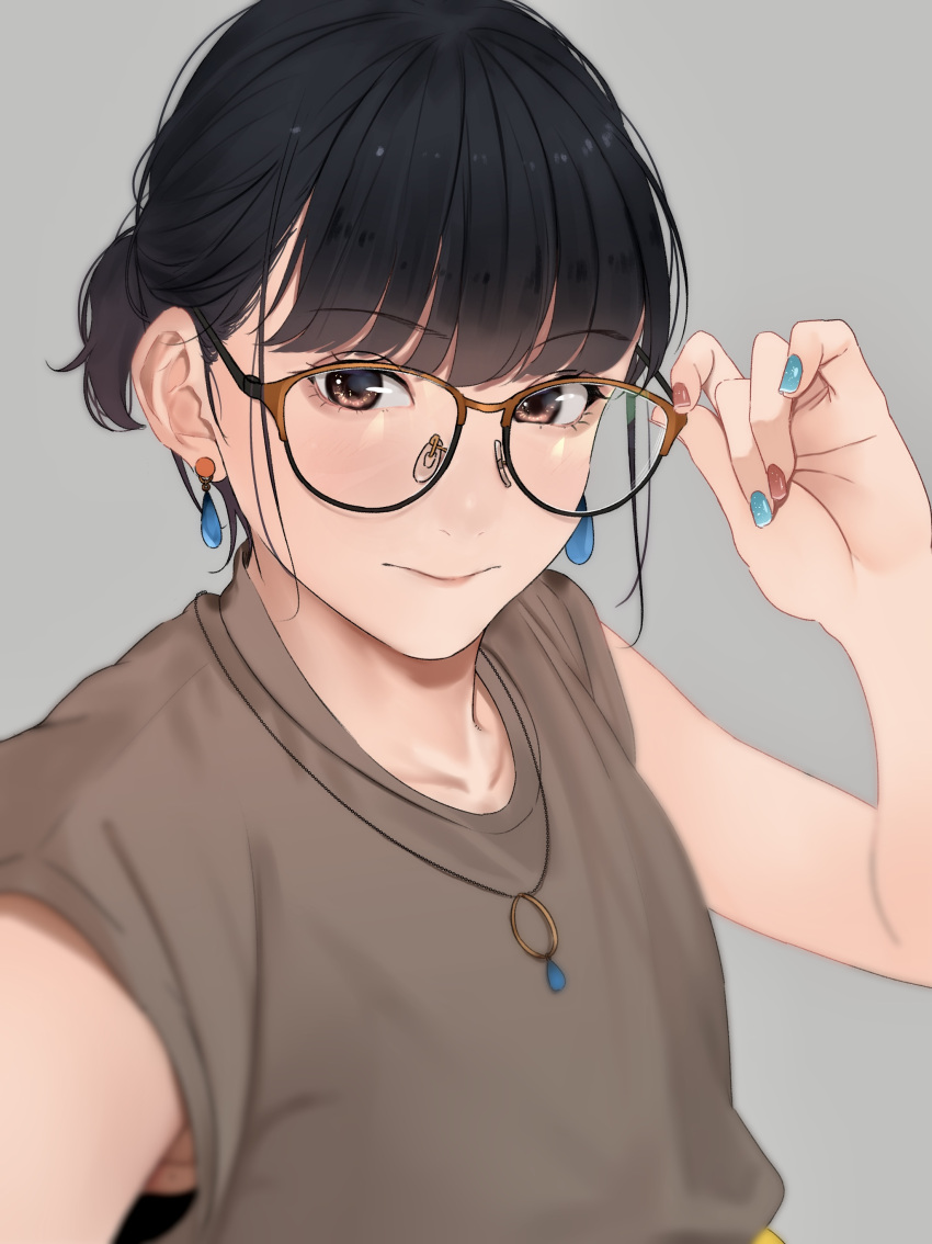 Safebooru - 1girl absurdres adjusting eyewear bangs black hair blush brown eyes brown shirt ...