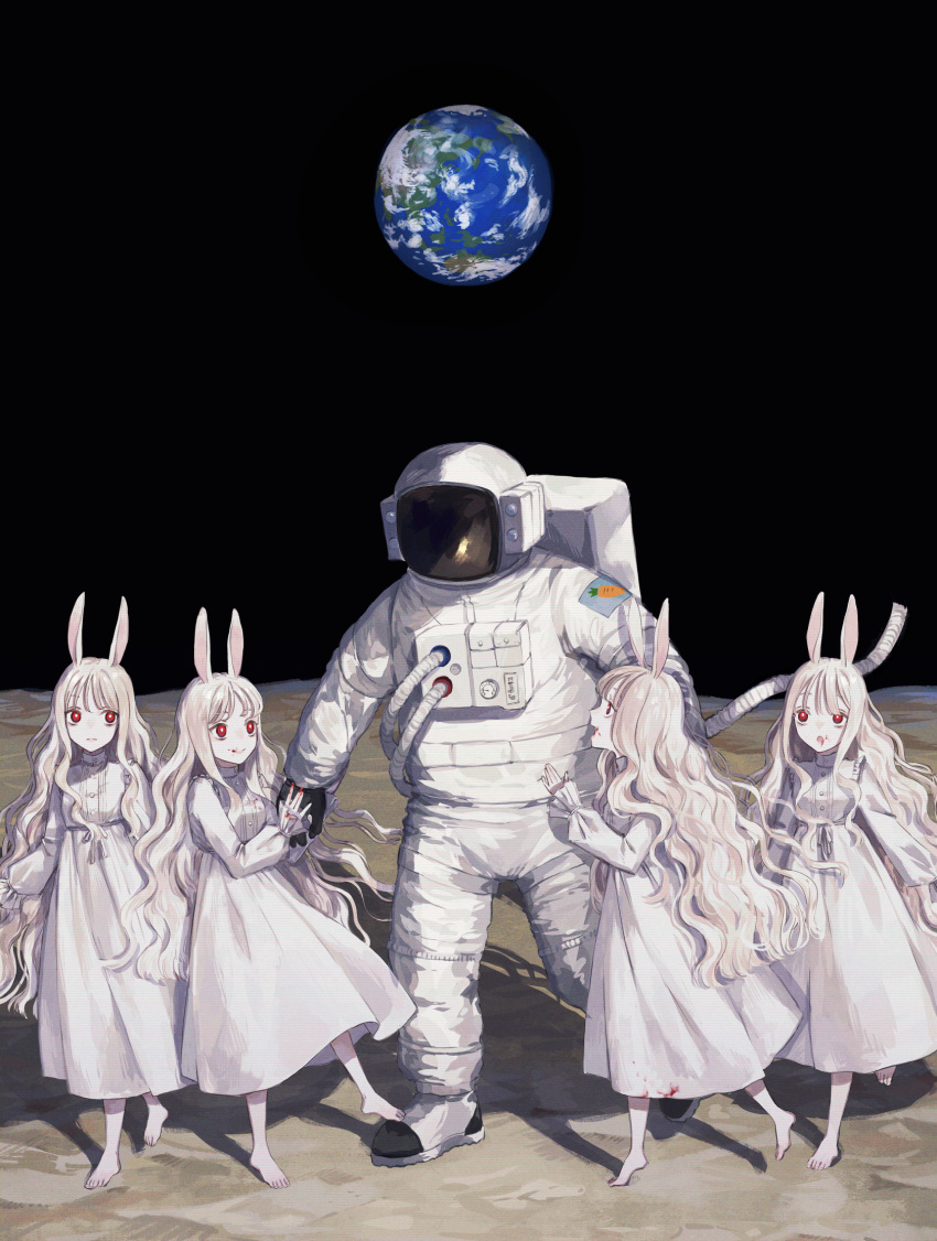 Safebooru - 1other 4girls :d :o :q albino ambiguous gender astronaut barefoot black gloves ...