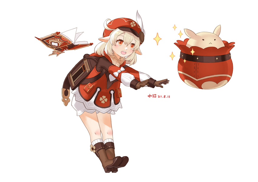 Safebooru - 1girl :d ahoge backpack bag bangs bent over bloomers book boots brown footwear brown ...