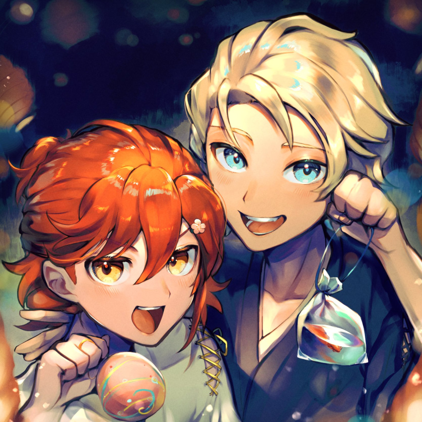 Safebooru - 2boys :d asagiri0700 bag bagged fish blonde hair blue eyes ...