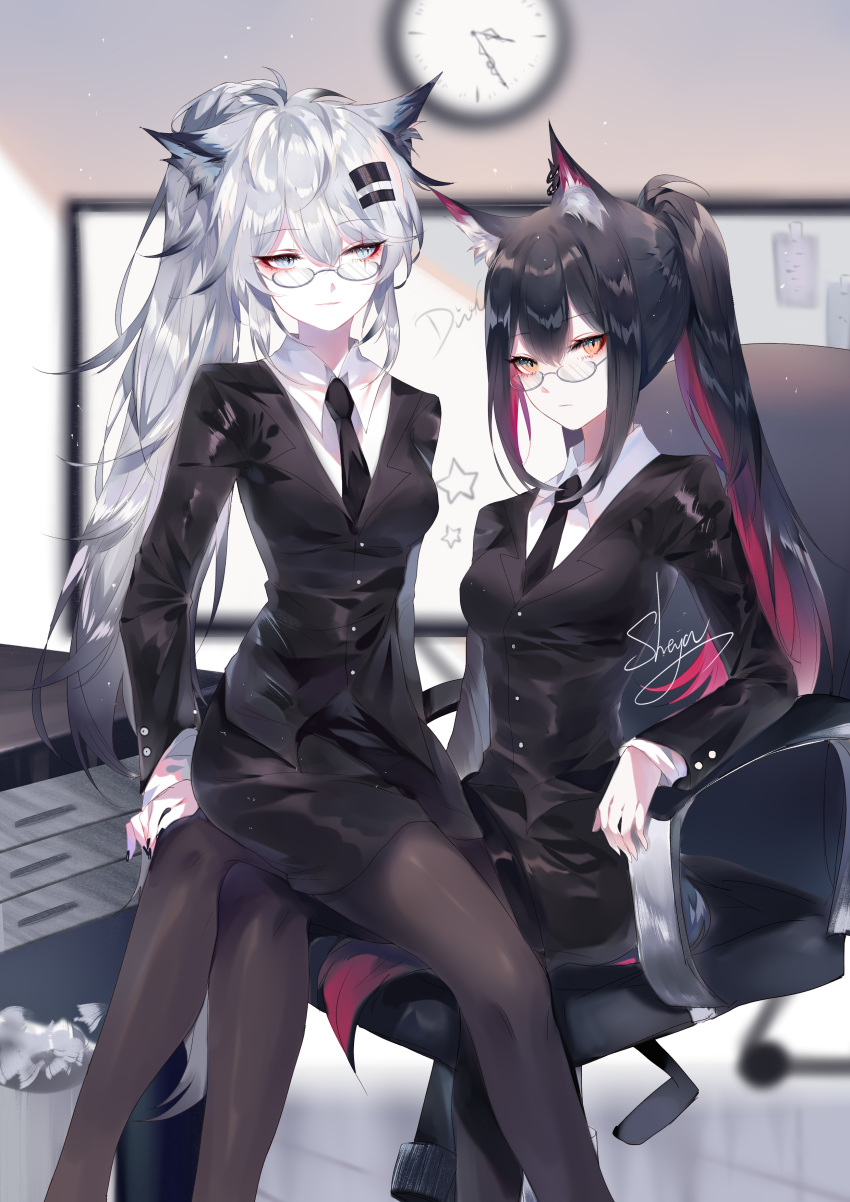 Safebooru - 2girls absurdres alternate hairstyle animal ear fluff arknights artist name bangs ...