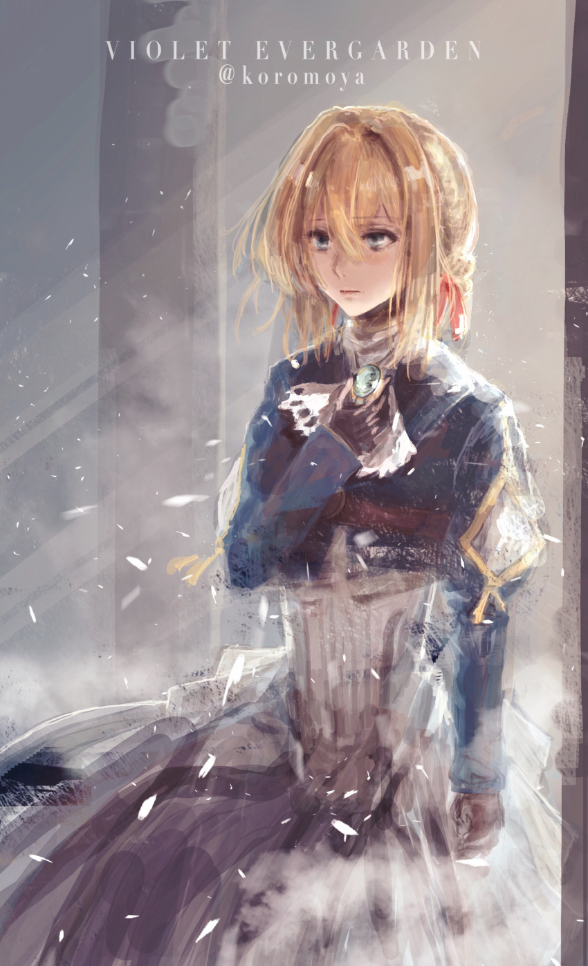 Safebooru - 1girl absurdres arm at side artist name ascot backlighting blonde hair blue dress ...