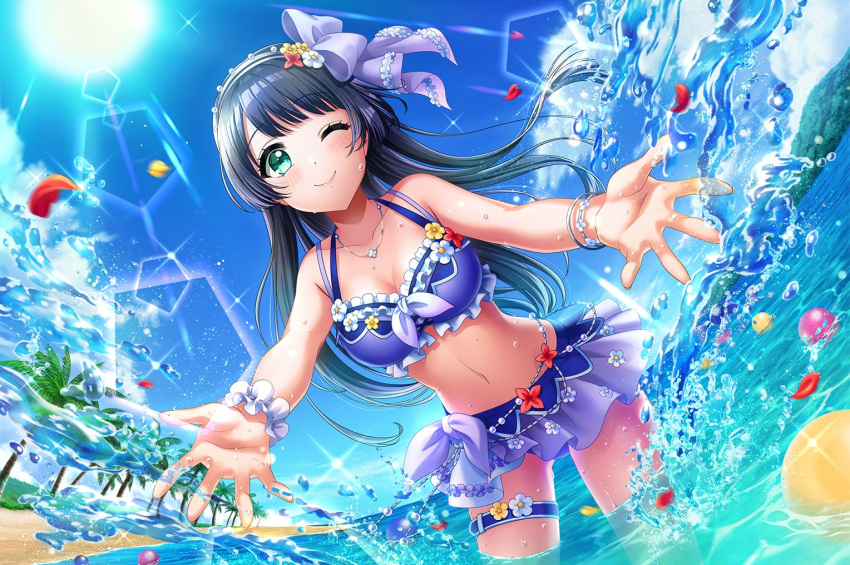 Safebooru - 1girl bikini black hair blush d4dj green eyes long hair smile togetsu rei | 3598398