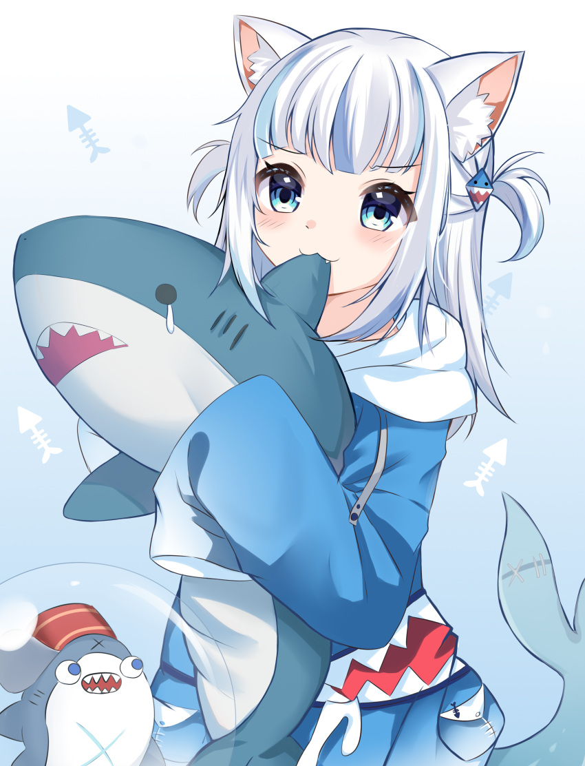 Safebooru - 1girl :3 absurdres animal ear fluff animal ears biting bloop (gawr gura) blue ...