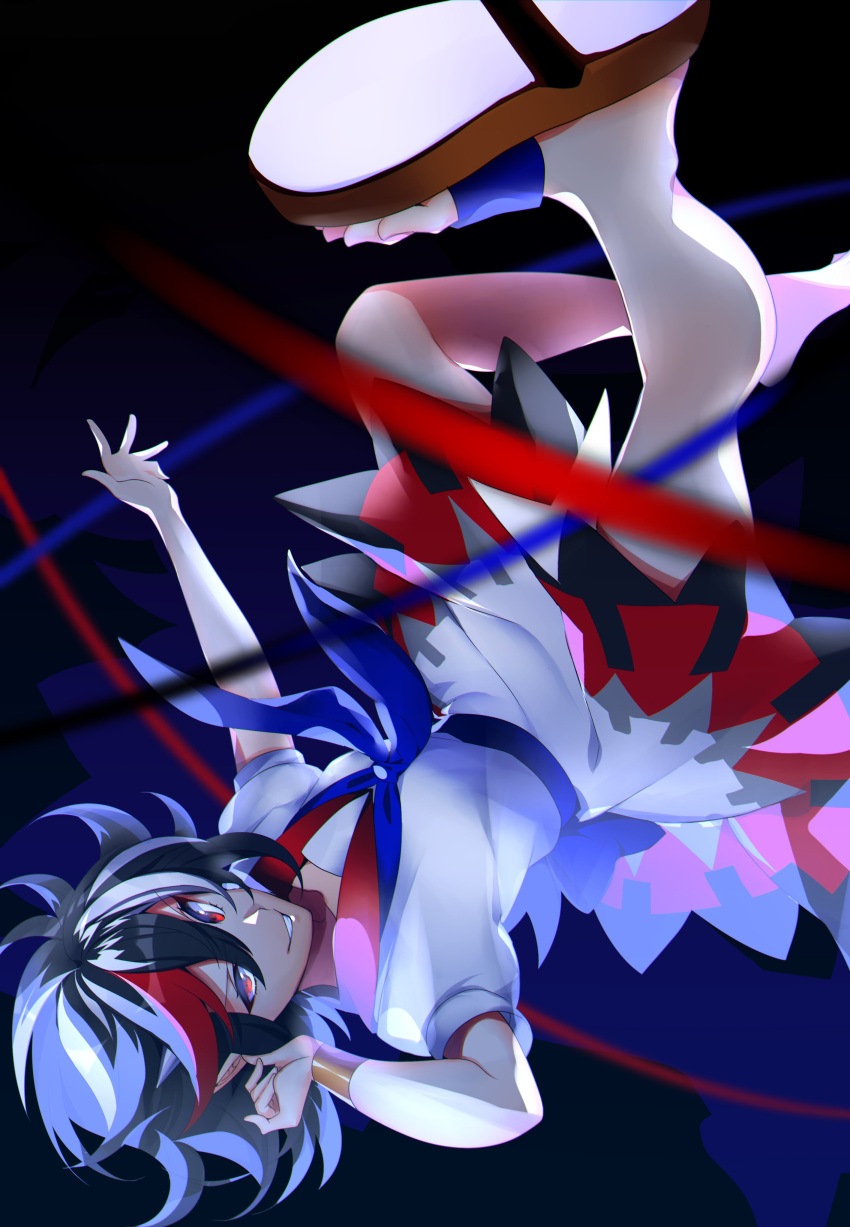 Safebooru - 1girl absurdres arrow (symbol) black hair blue background bow dress geta gold ...