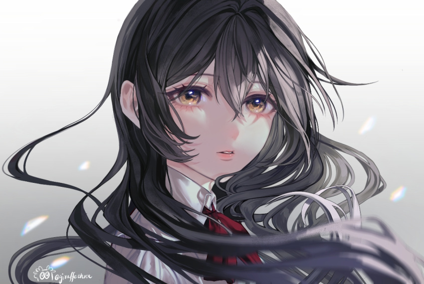 Safebooru - 1girl aoyagi tsubaki artist name bangs black hair bow bowtie brown eyes collared ...