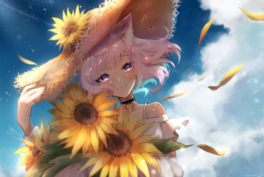 Safebooru - 1girl absurdres animal ears cat ears clouds collar flower ...