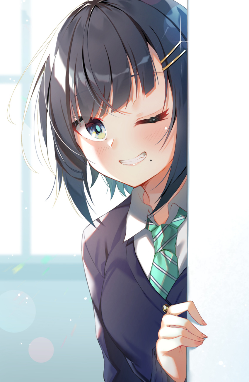 Safebooru - 1girl ;) bangs black hair black jacket blue eyes blush collarbone commentary request ...