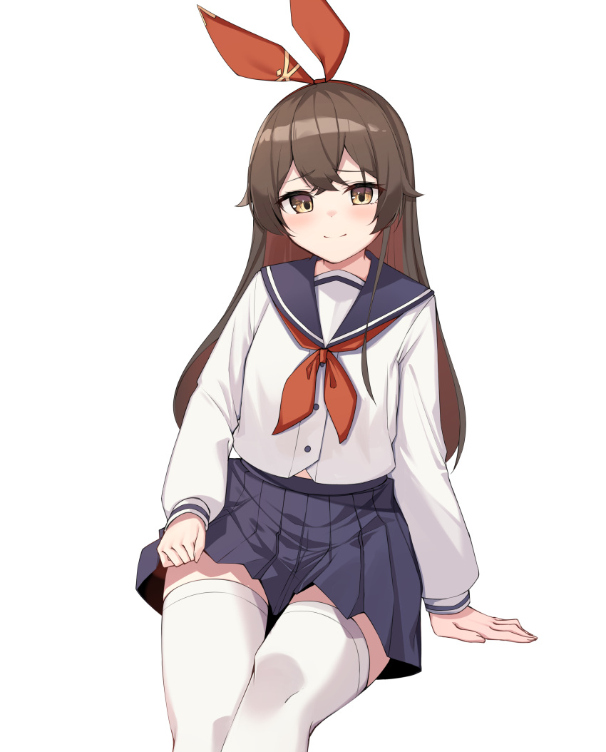 Safebooru - 1girl absurdres amber (genshin impact) blue skirt brown eyes brown hair dress shirt ...